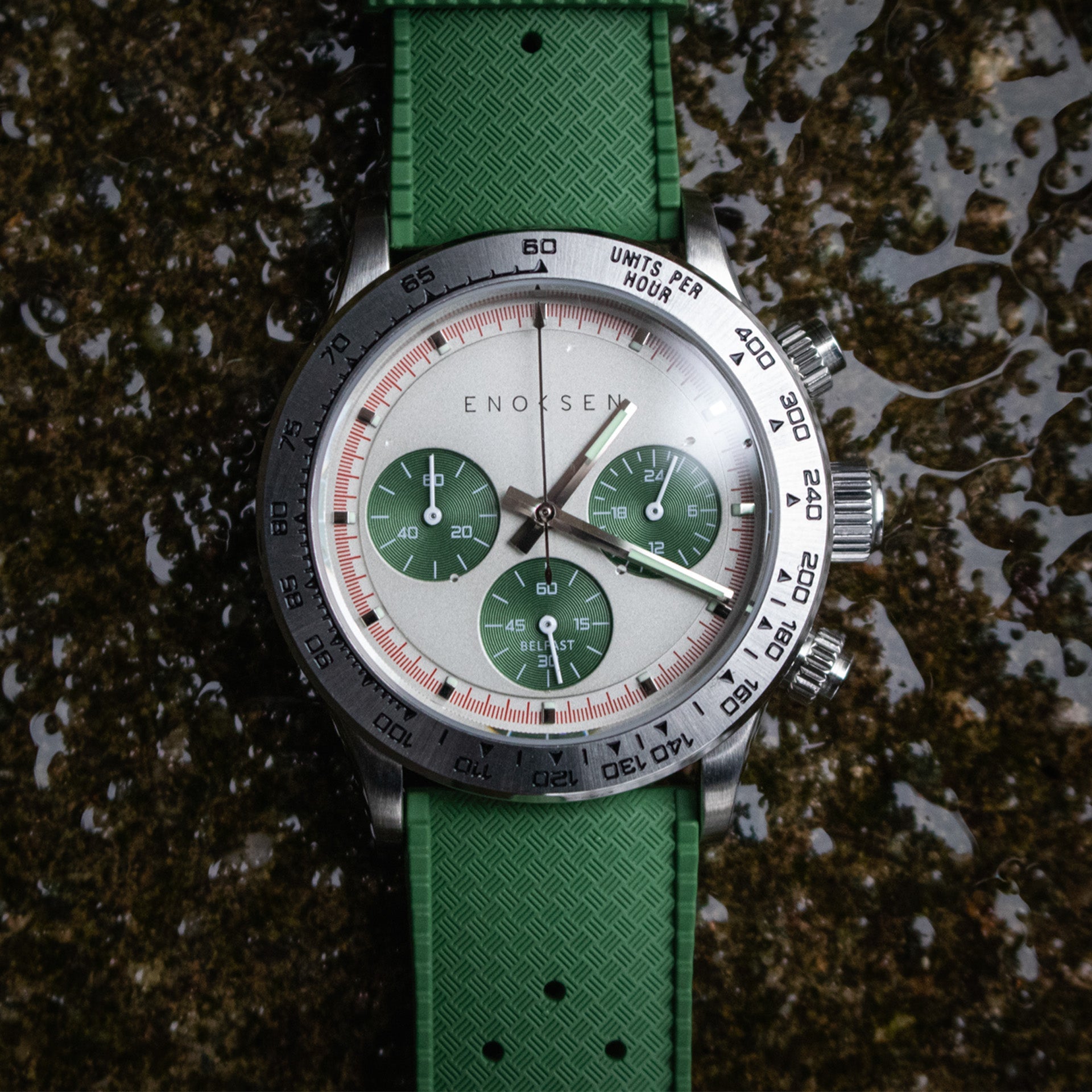 Krono E08/A Chronograph Cool Grey/Green Steel 39MM – By Enoksen